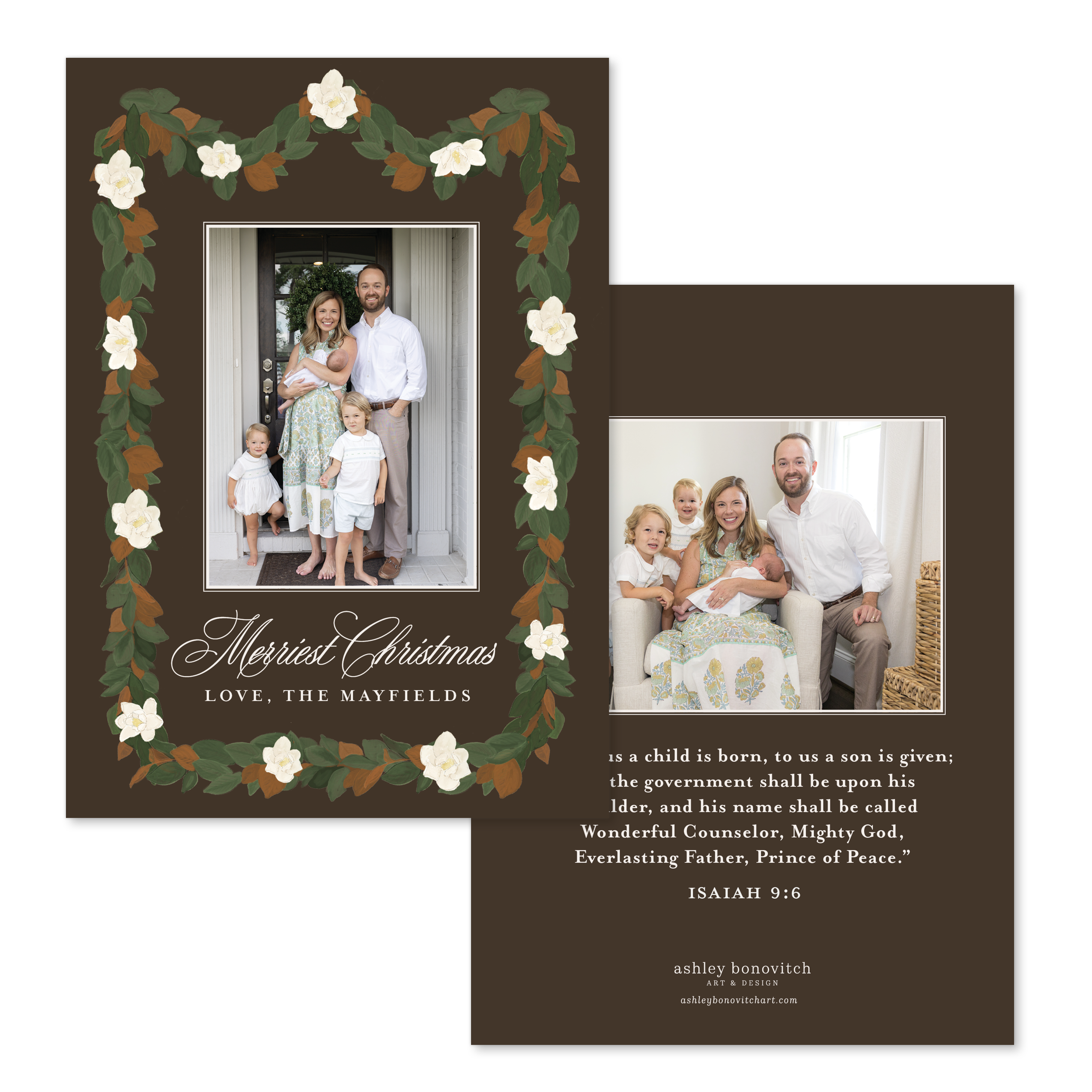 Magnolia Garland Christmas Card in Chocolate – Ashley Bonovitch Art