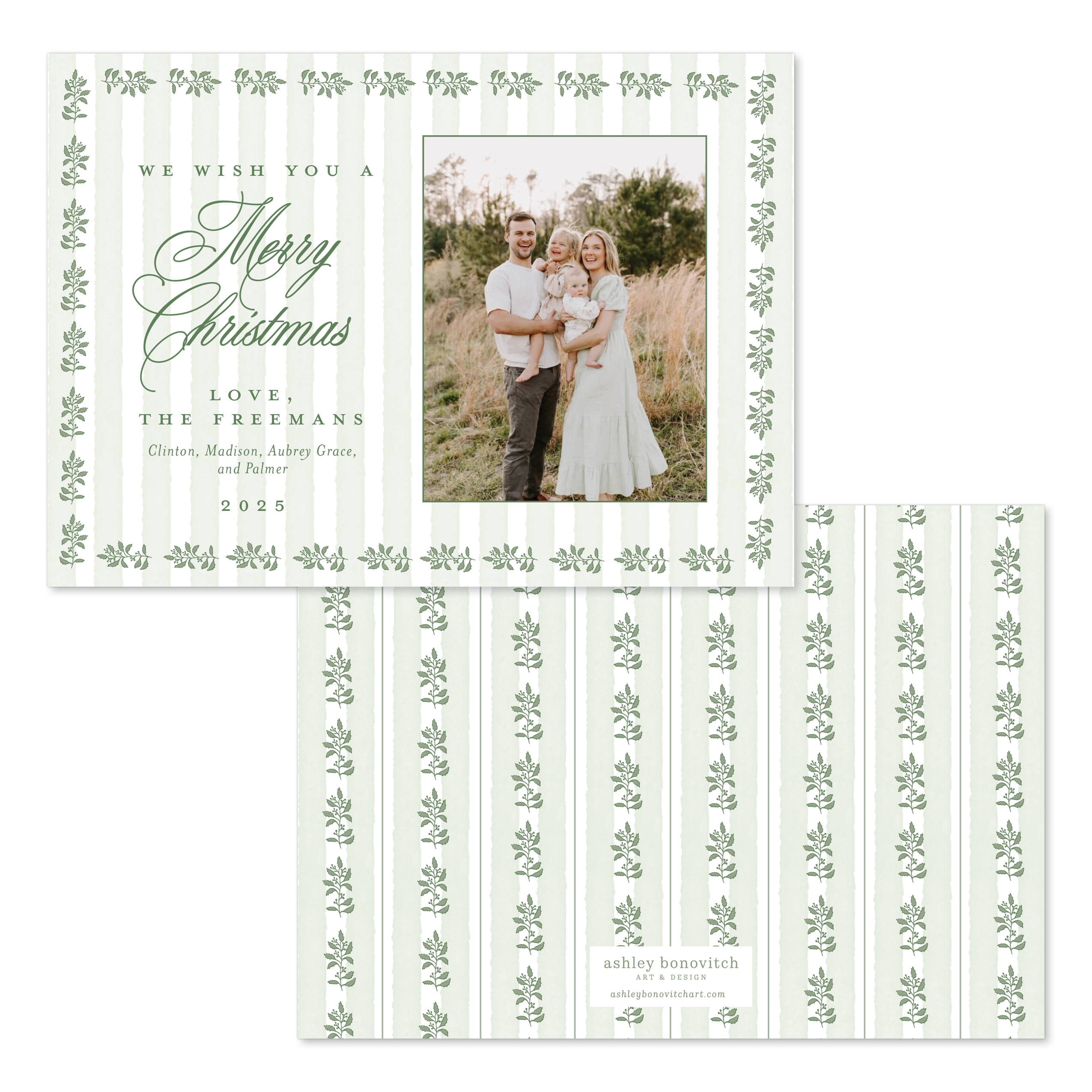 Greenery Stripe Christmas Card in Landscape – Ashley Bonovitch Art